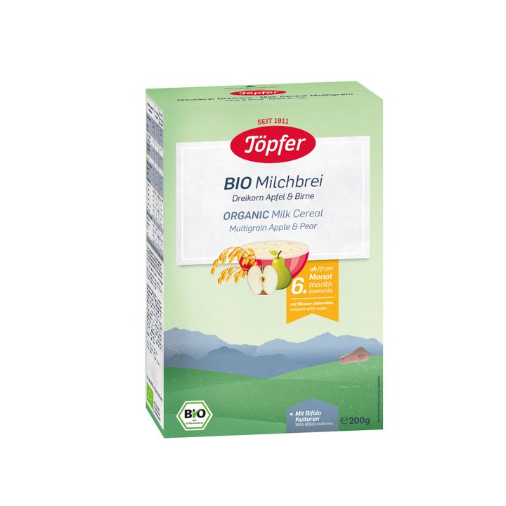 Topfer Млечна био каша с 3 вида зърна, ябълка и круша за деца над 6 ...