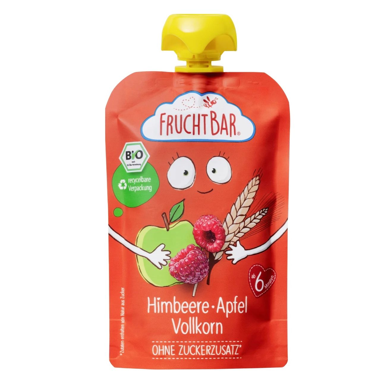 FruchtBar Био Пюре малина, ябълка и пълнозърнест микс за деца от 6 ...