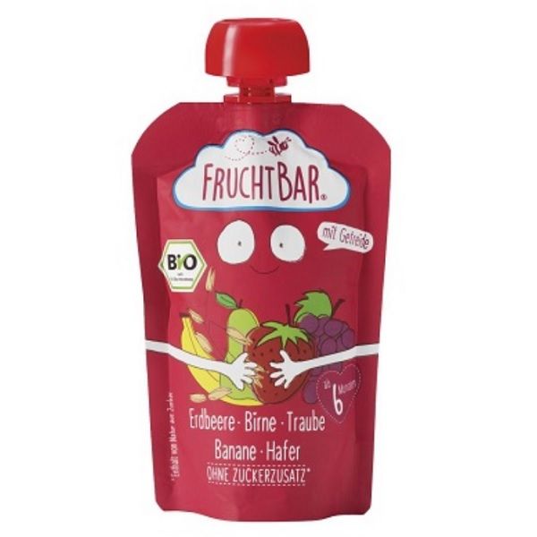 FruchtBar Био пюре от ягода, круша, грозде, банан и овес за деца от 6 ...