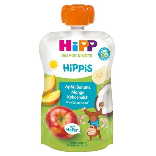 Hipp Био плодова закуска с ябълка, банан, манго и кокосово мляко за ...