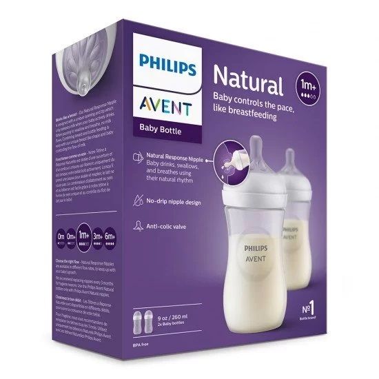 Avent Natural Response Комплект от 2 броя шишета за хранене 1м+ x260 мл ...