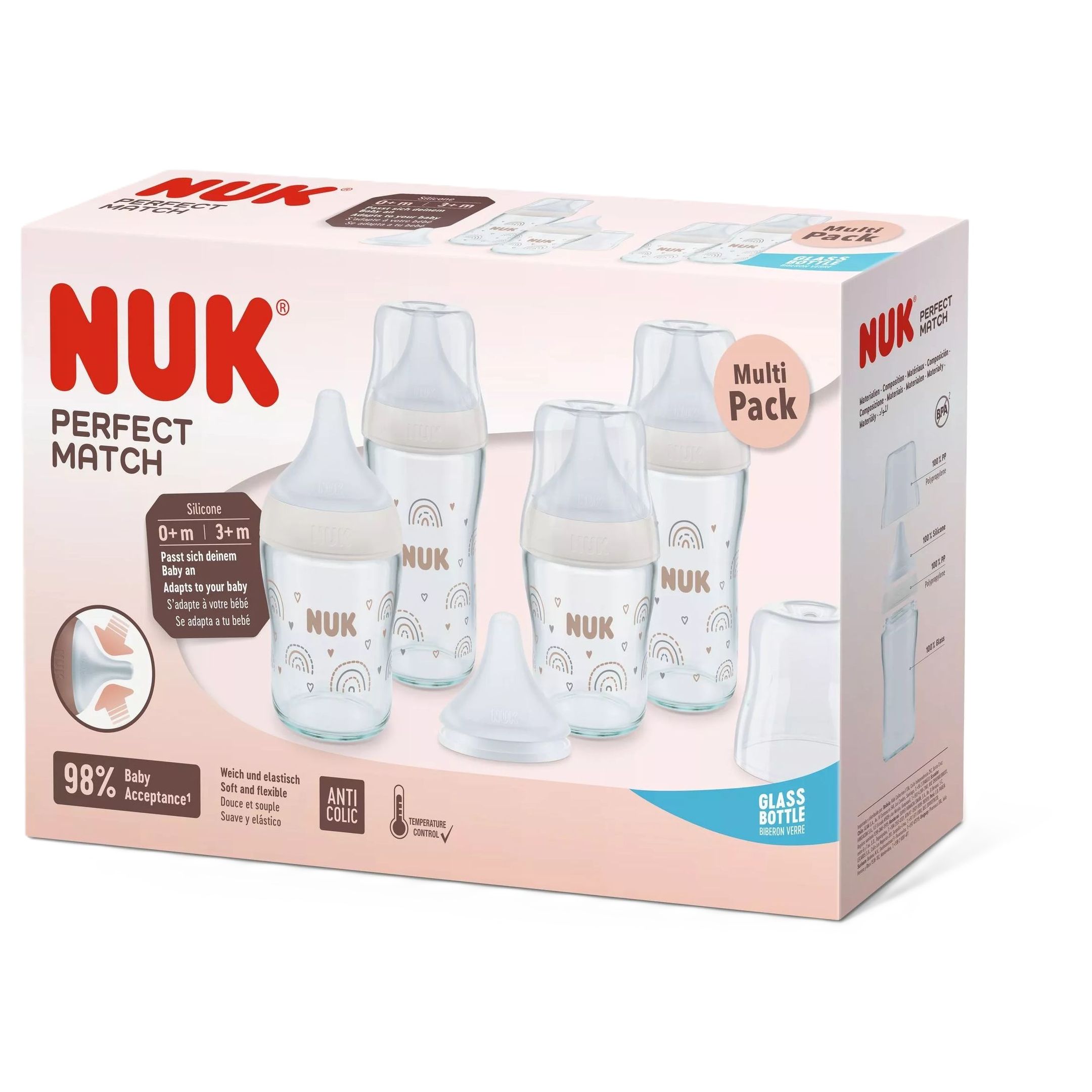 Nuk Perfect Match Temperature Control Комплект стъклени шишета за хранене за новородени, 5 части